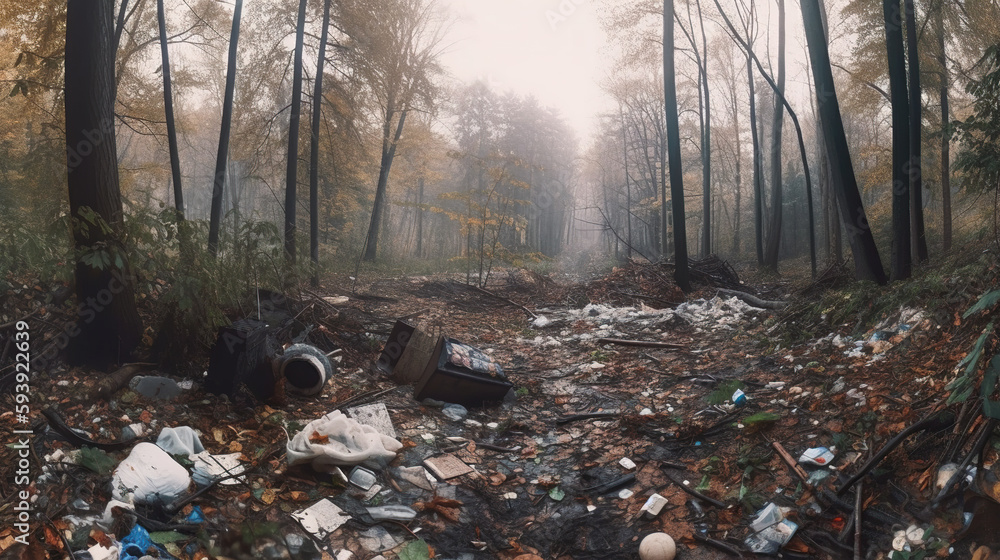 garbage in the forest on a foggy misty morning. Generative AI Stock ...