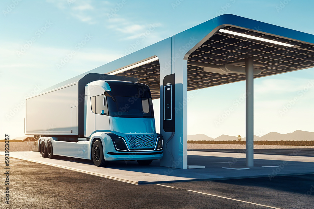 Electric truck standing at a loading station. AI generativ Stock ...