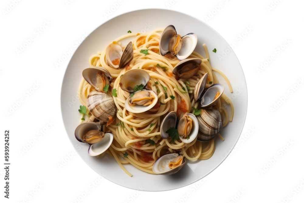 Spaghetti Alle Vongole On White Plate. Italian Food On Isolated ...