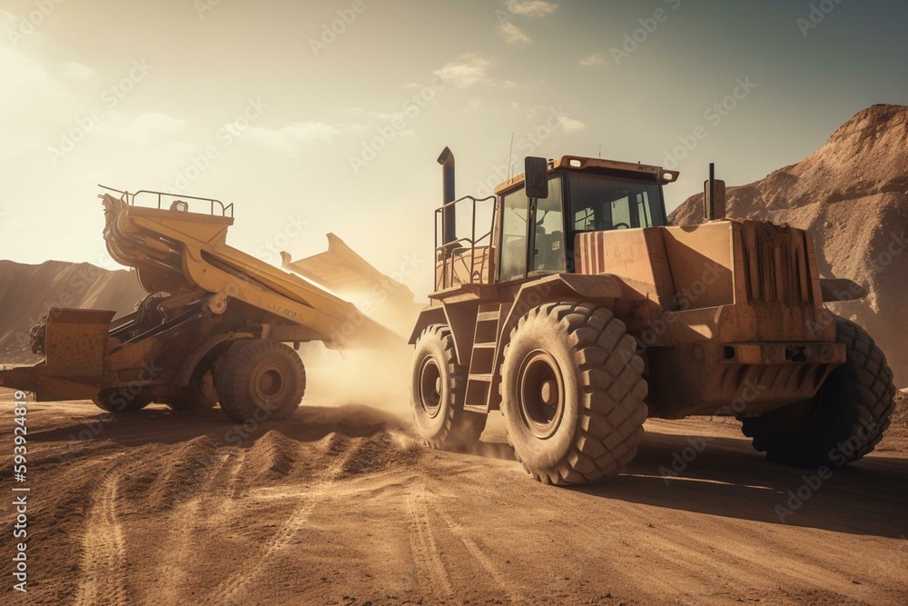 Big heavy wheel loader loading sand into dump truck in sand pit. Heavy ...