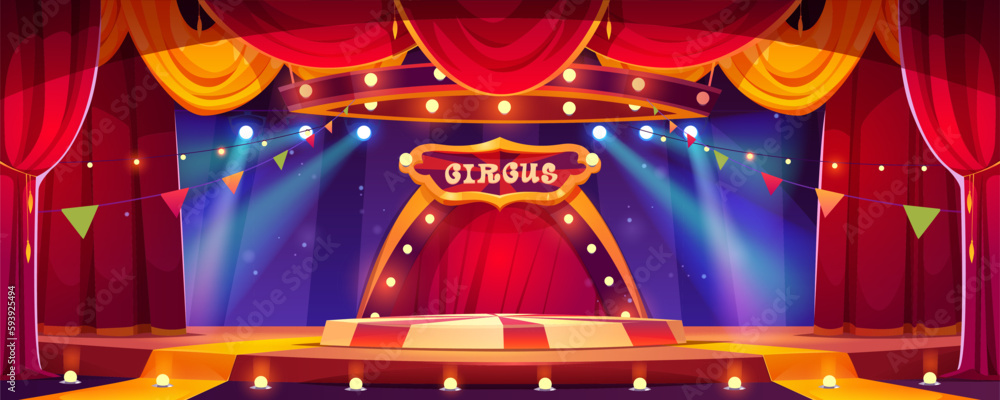 Circus cartoon stage with ring vector background. Carnival tent with ...