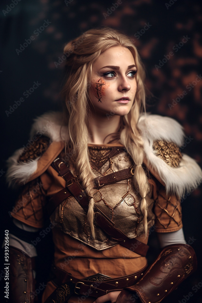 Blonde girl in medieval fantasy armor with fur. Medieval cosplay ...