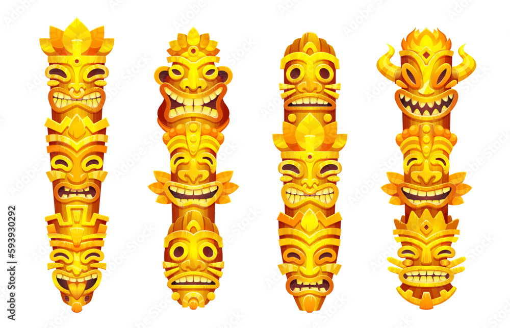 Gold tiki totem mask statue cartoon vector. Yellow hawaiian tribe ...