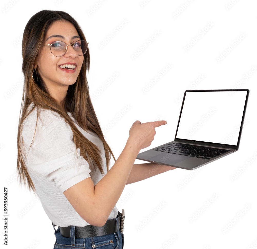 Pointing laptop screen, portrait of caucasian 20s woman pointing laptop ...