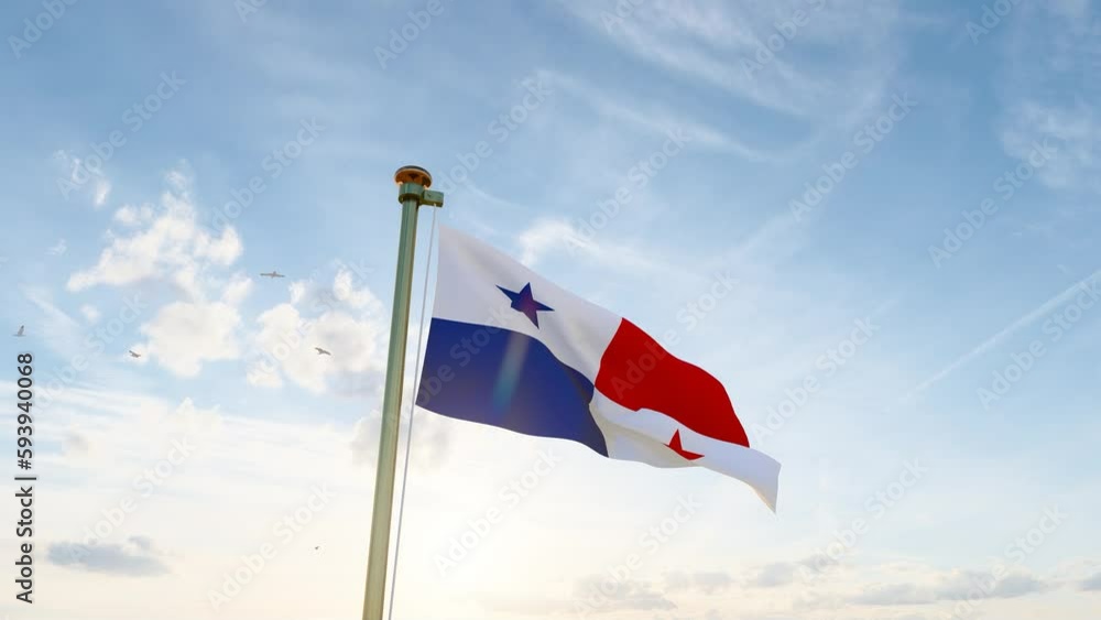 Panama national flag waving in beautiful blue sky. Flag of Panama ...