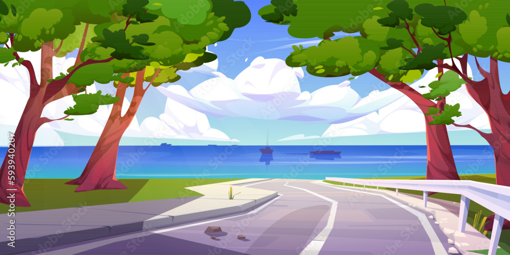 Road leading to sea on sunny day. Vector cartoon illustration of summer ...