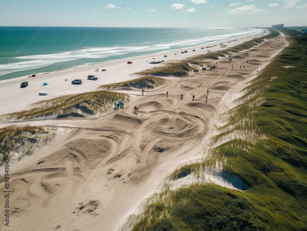 A drone image of a coastal sand dune restoration project emphasizing ...