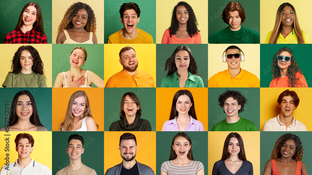 Collage of large group of ethnically diverse smiling people, men and ...