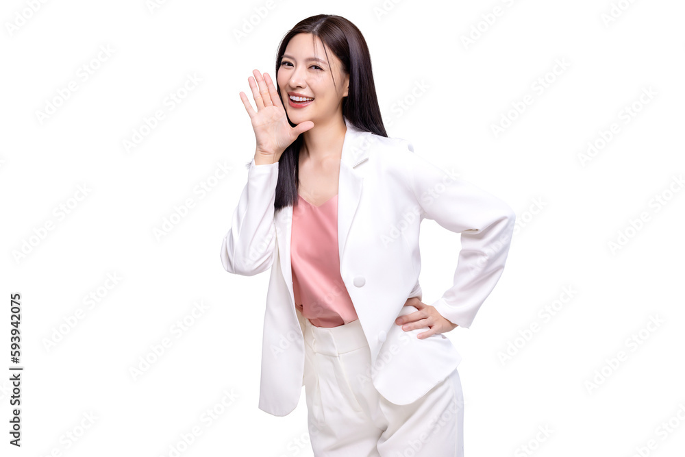 Beauty Asian woman with open mouths raising hands shouting good news ...