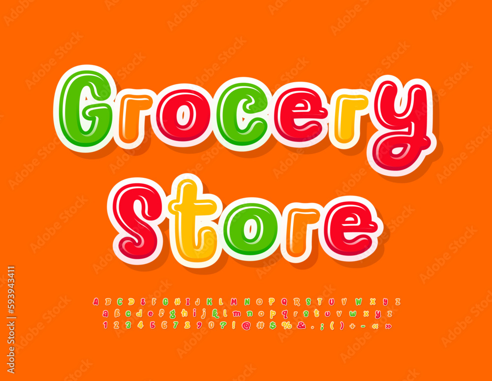 Vector advertising Poster Grocery Store. Funny Colorful Font. Creative ...