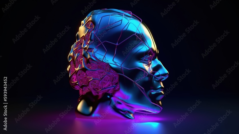 Human head in 3d with abstract shape. Computer generated retro ...