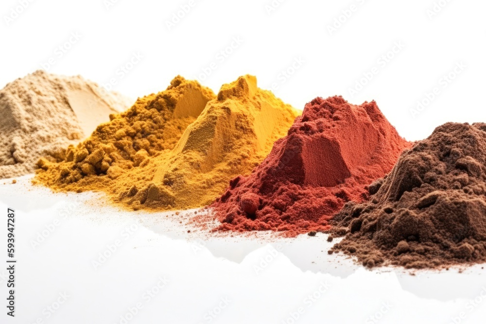 Set of different pile types of powder spices on white background ...