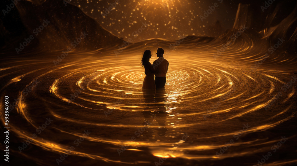 Bride and Groom holding each other in a whirlpool of spiritual golden ...