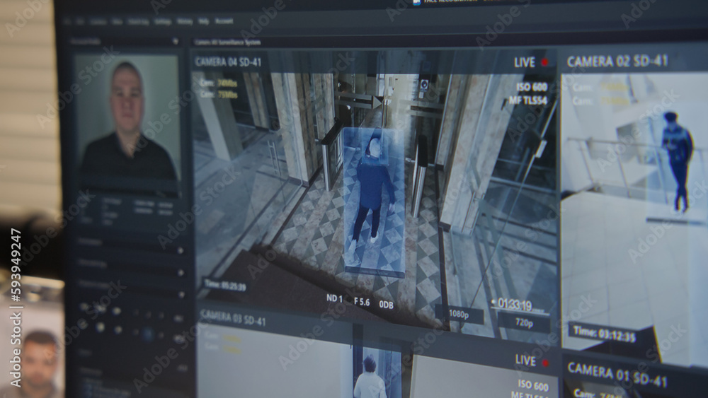 Close up shot of computer screen showing footage of surveillance ...