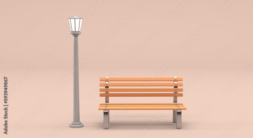 square bench, pole next to a wooden square bench with chrome details ...