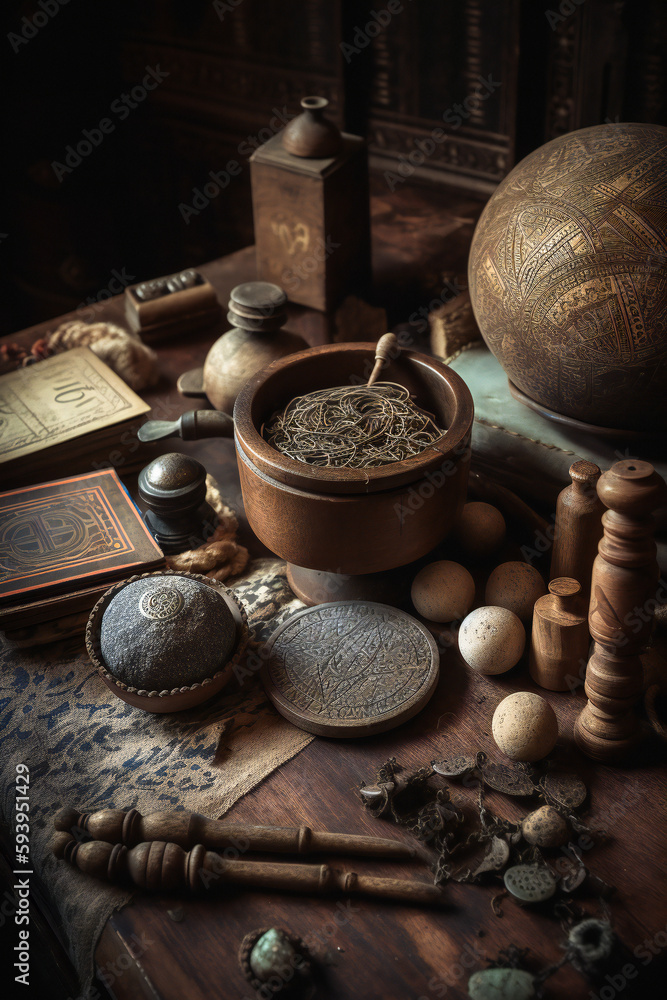 Astrologist old desk with divination and hermetic ritual objects ...