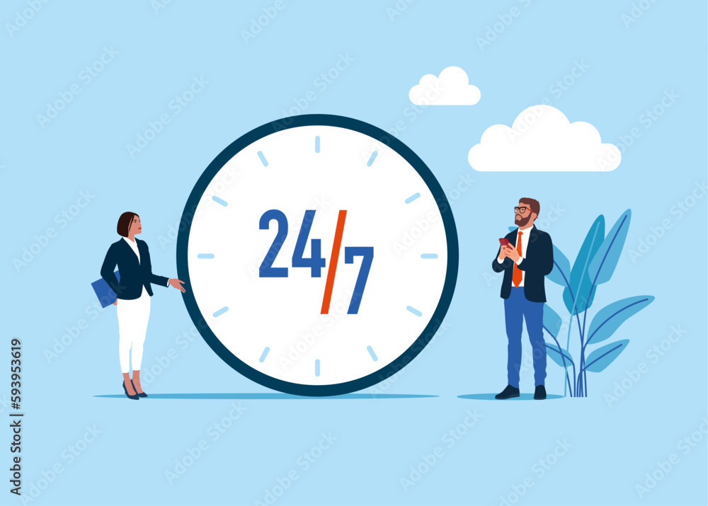 24-7 support service, working hours. Open time. Success long term ...