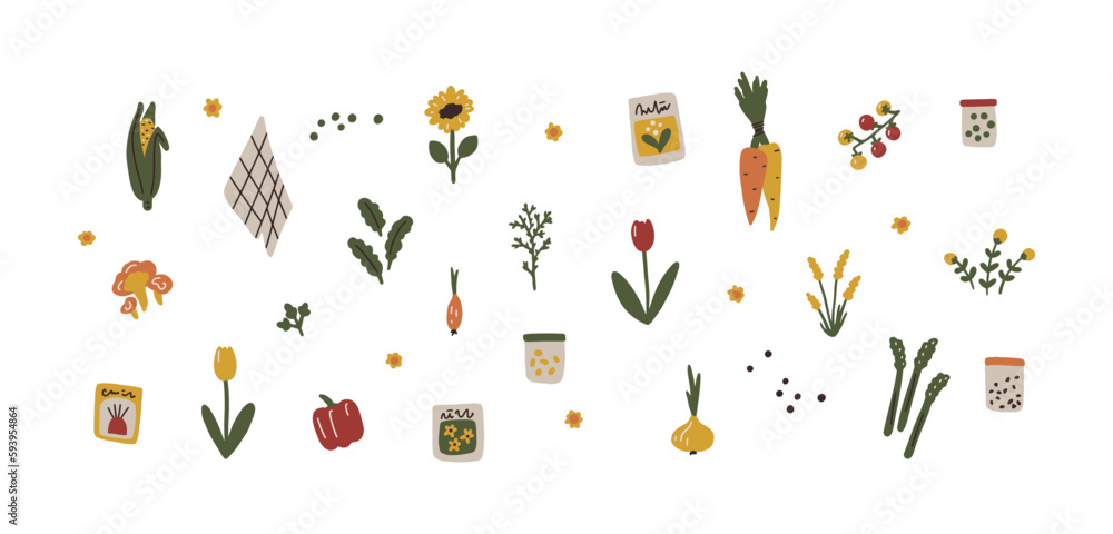 Vintage collection of vegetables, greens, flowers and seeds in simple ...