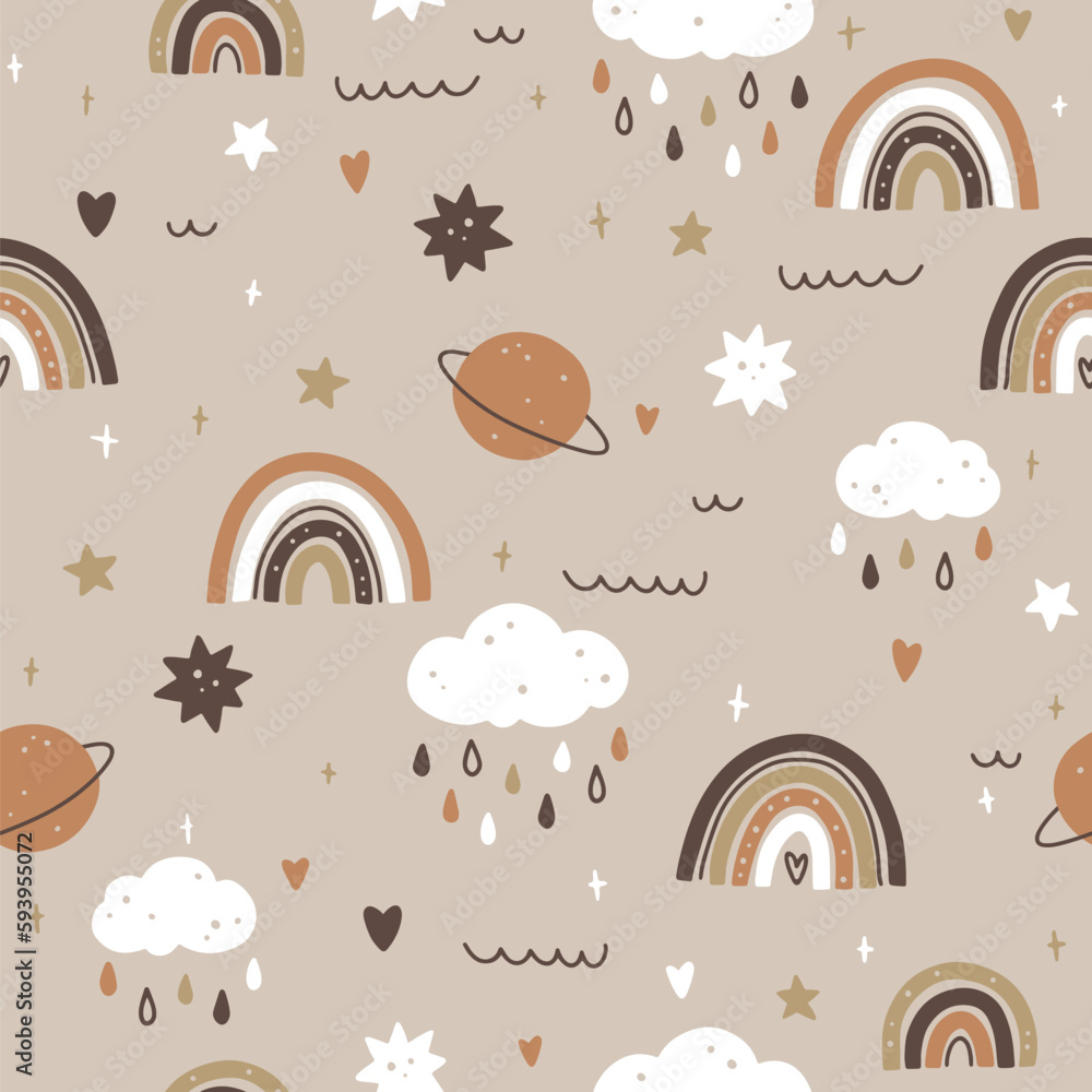 Boho kids seamless pattern in simple hand drawn Scandinavian style ...