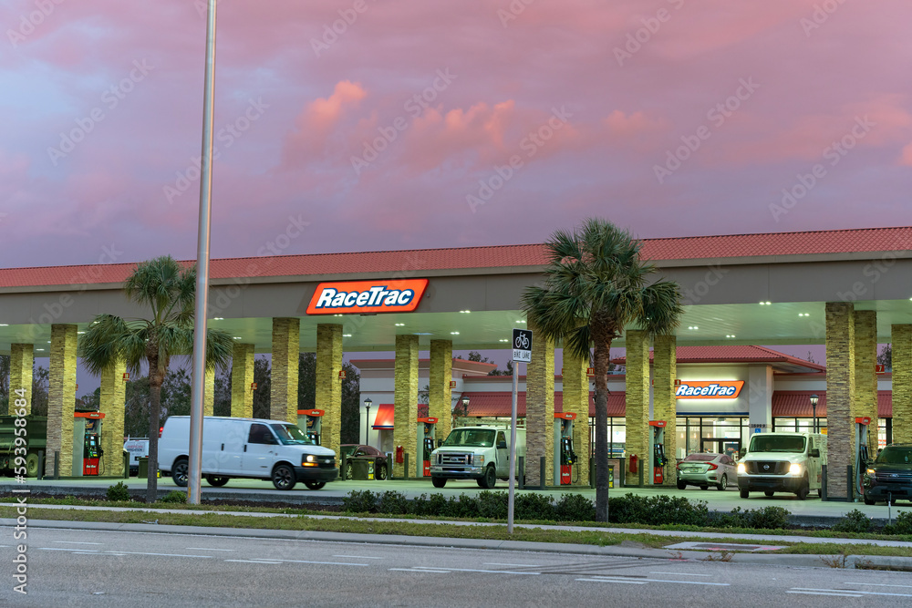 RaceTrac gas station on roadside in rural area at night. RaceTrac ...