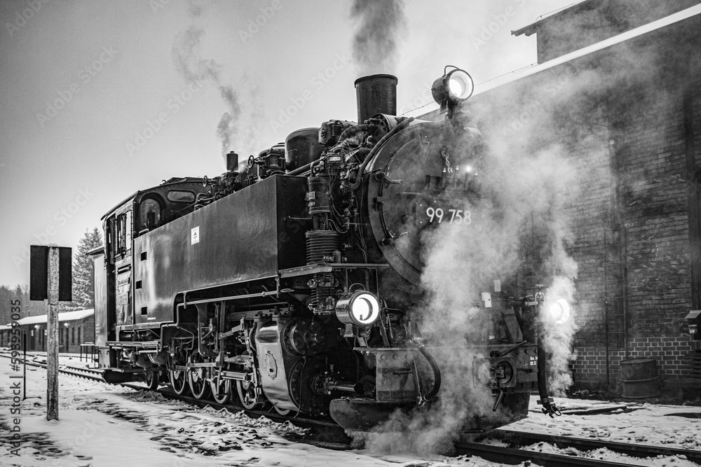 German narrow gauge steam locomotive in winter Stock Photo | Adobe Stock
