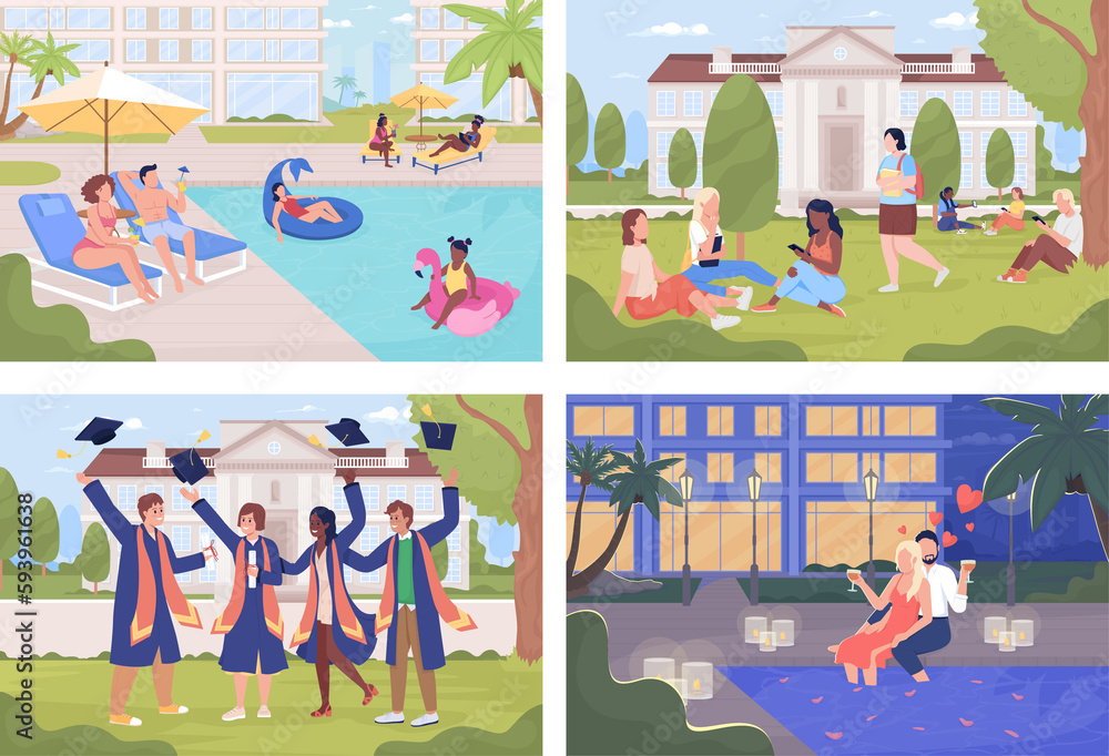 Public and private places in city flat color raster illustrations set ...