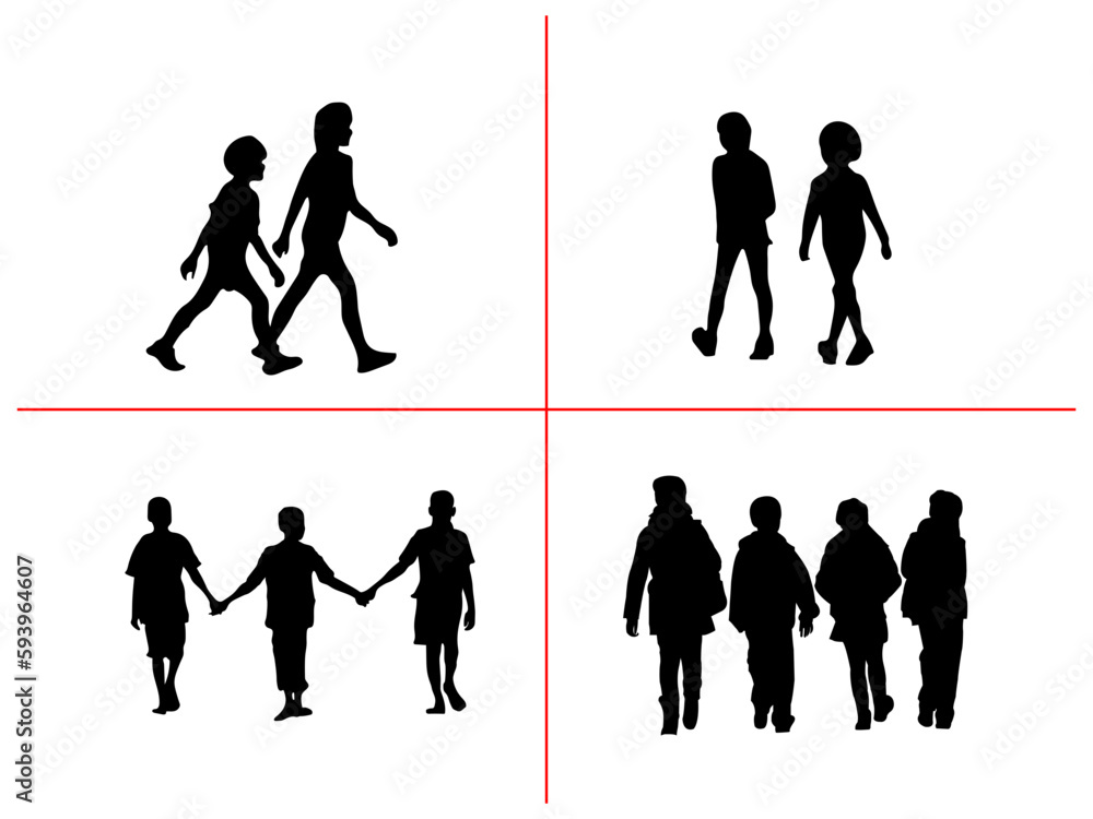 Black silhouette group of children walking vector. Black silhouette ...