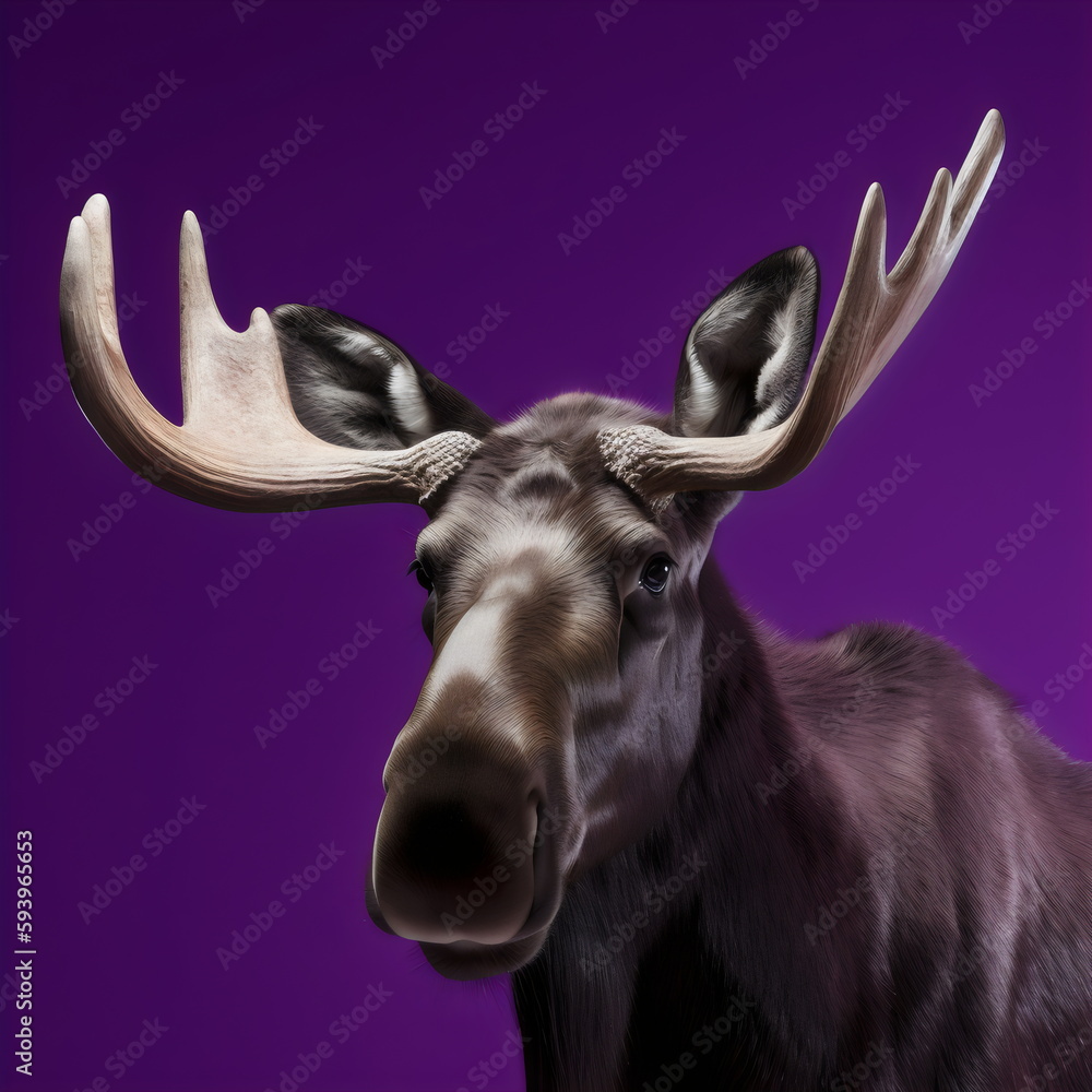 moose closeup face and antlers isolated on plain purple studio ...