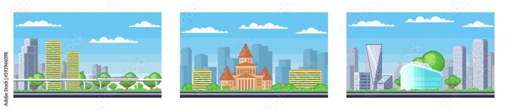 City buildings. Downtown pixelated cityscape set. Scenery skyline ...
