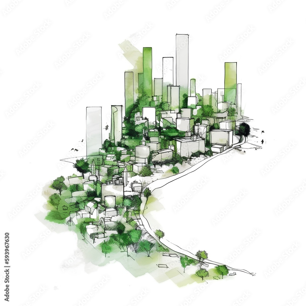 A sketch of an isolated green buildings promoting walkability and clean ...