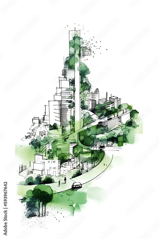 A sketch of an isolated green buildings promoting walkability and clean ...