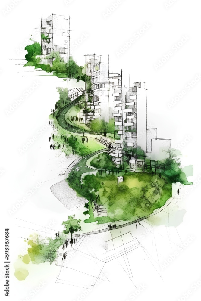 A sketch of an isolated green buildings promoting walkability and clean ...