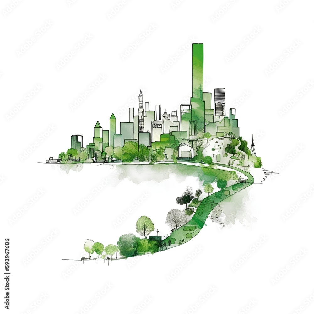 A sketch of an isolated green buildings promoting walkability and clean ...