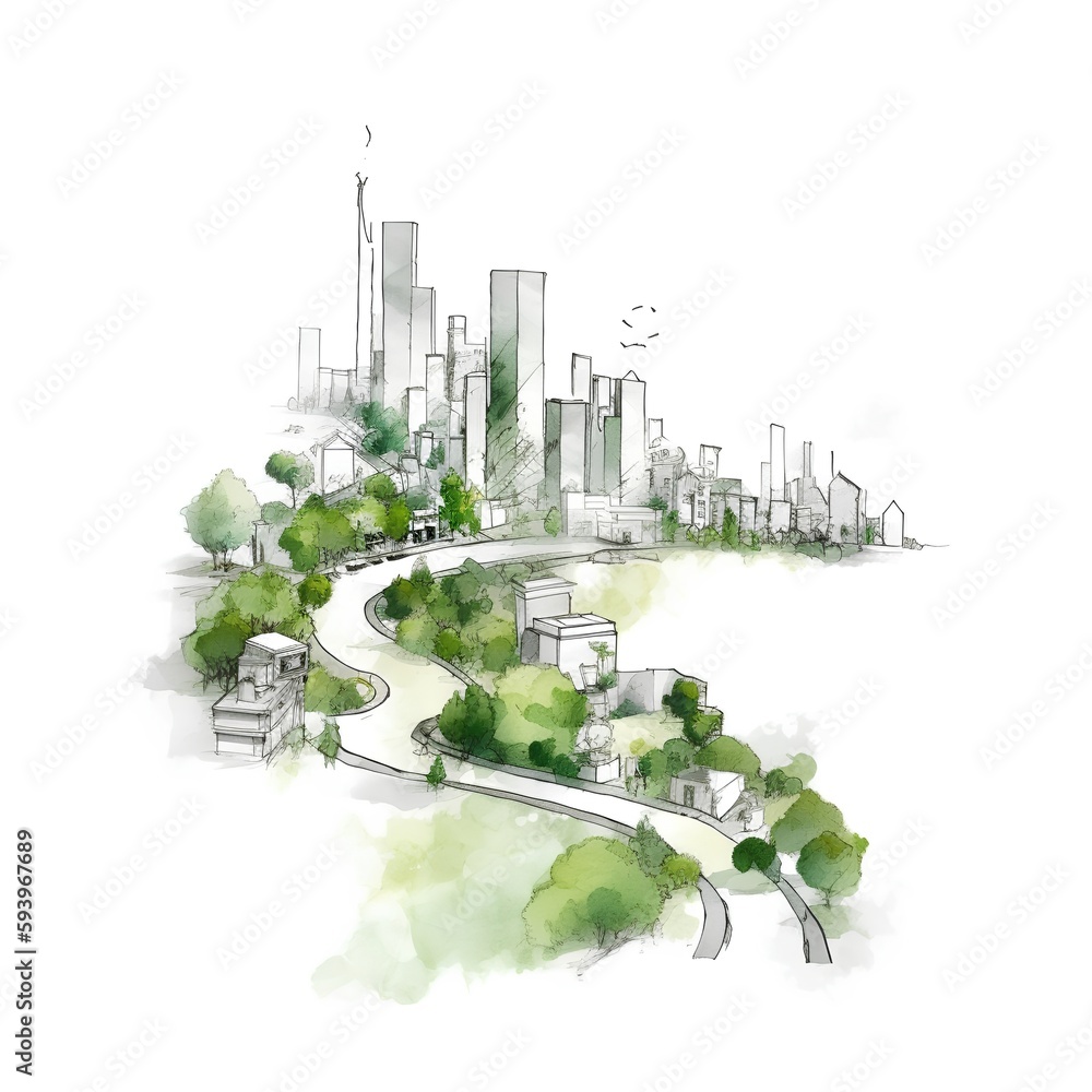 A sketch of an isolated green buildings promoting walkability and clean ...