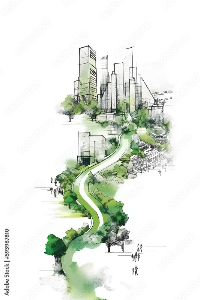 A sketch of an isolated green buildings promoting walkability and clean ...
