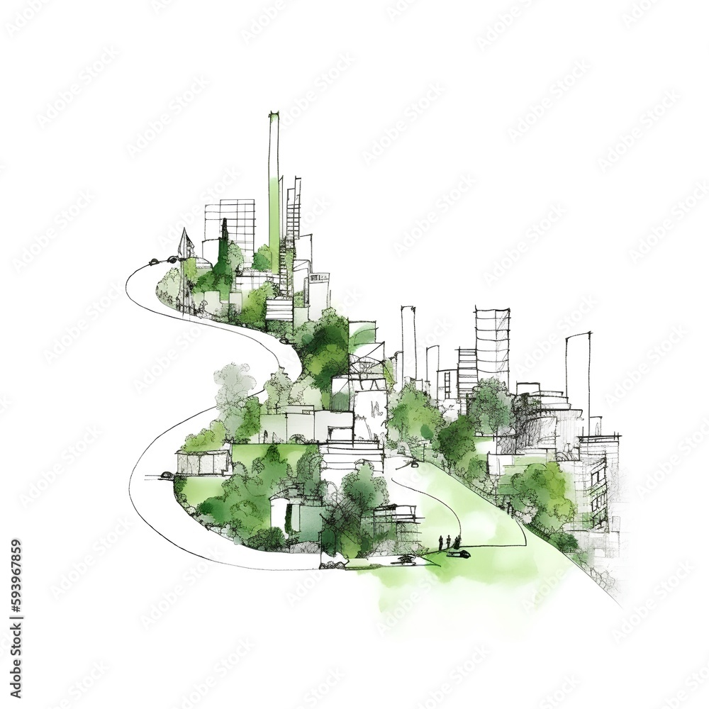 A sketch of an isolated green buildings promoting walkability and clean ...