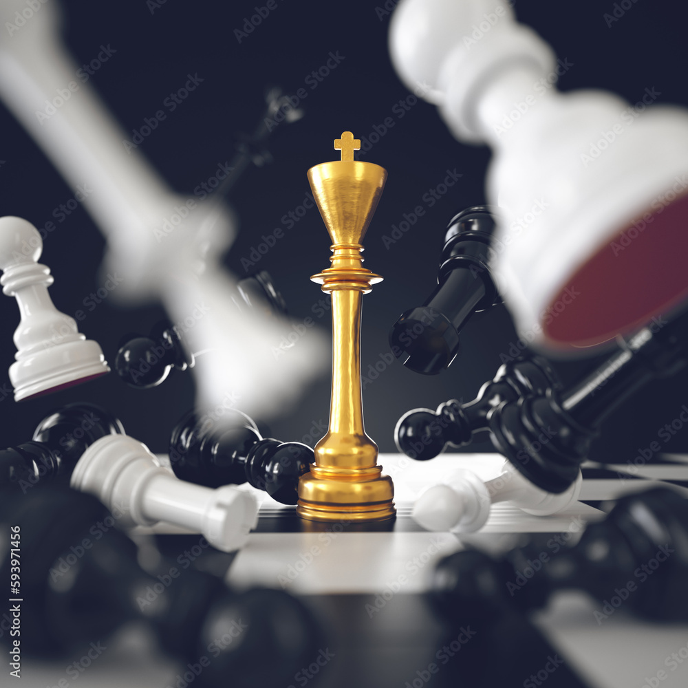 King chess piece standing among flying pawns on chessboard. Leadership ...