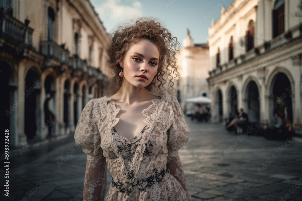 Portrait of a fashion model wearing couture lace dress in Italy. Stock ...