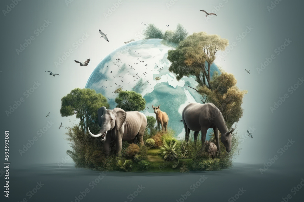 Abstract concept of the earth and animal day in forest with protected ...