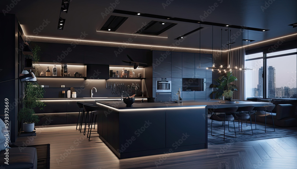 Interior of a Modern Kitchen with cool cinematic lights by generative ...