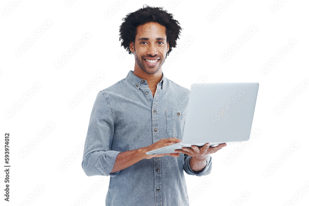 Man, laptop and smile portrait with internet isolated on a transparent ...
