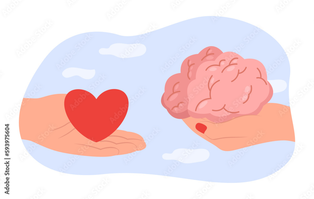 Hands holding brain and heart vector illustration. People controlling ...