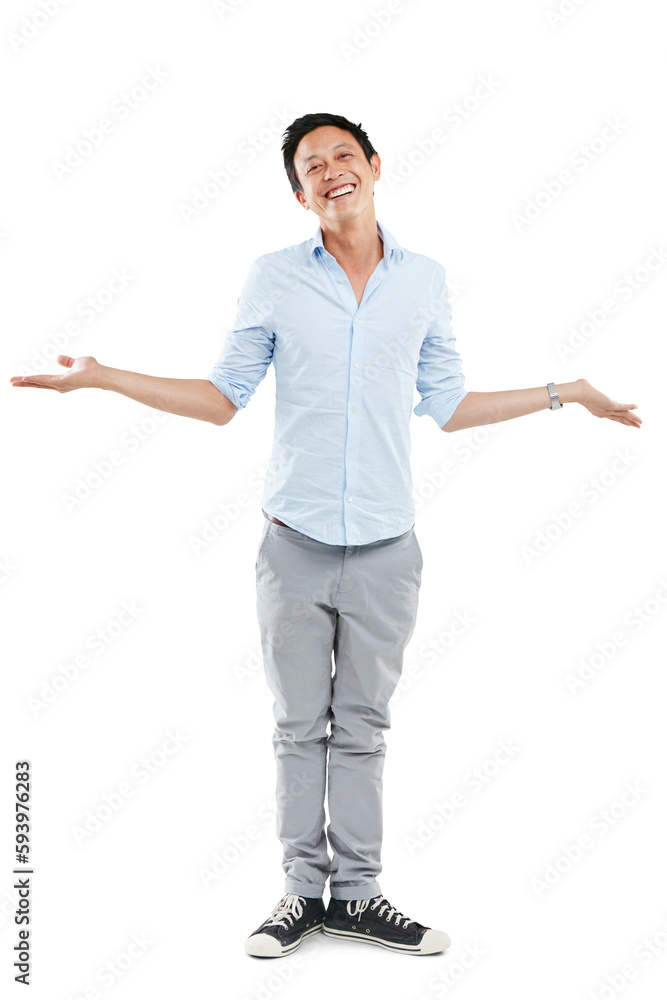 Open arms, welcome and portrait of asian man on png background for ...