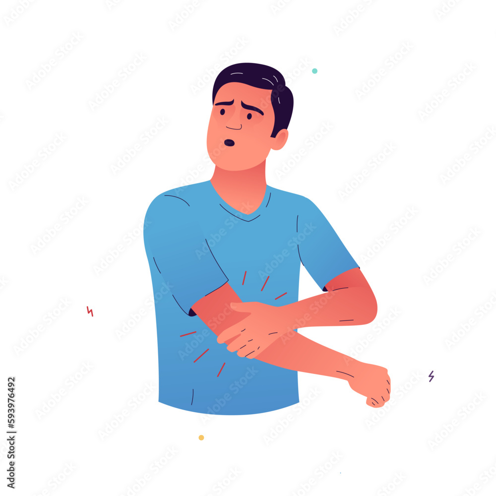 Vector illustration of a man who is experiencing pain in his elbow. The ...