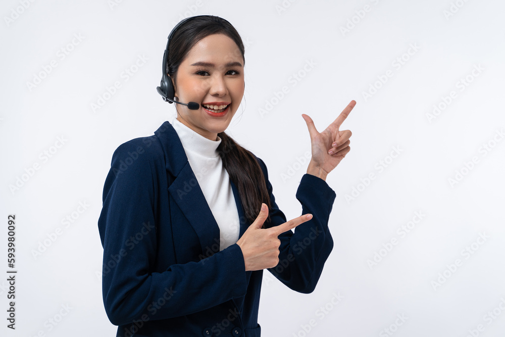 Happy young Asian operator woman agent with headsets working in a call ...