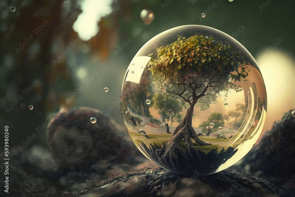 glass sphere and green tree inside on nature background. Earth Day ...