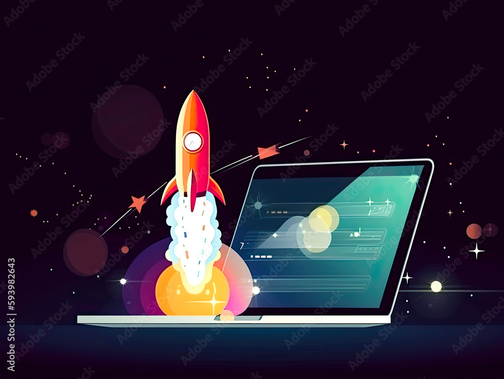 Laptop with a rocket taking off. Concept of earning online earnings ...
