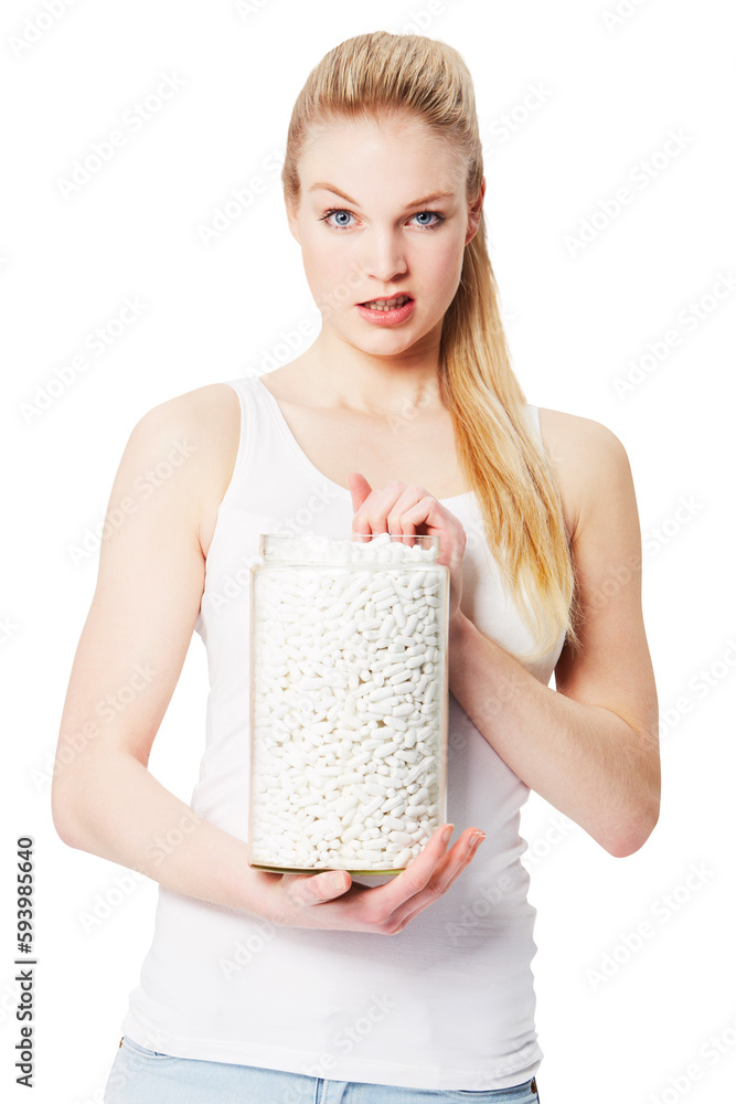 Confused, jar and pills with portrait of woman on png background for ...