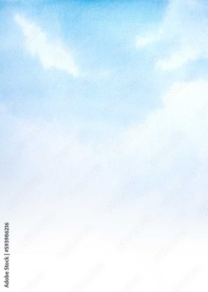 watercolor illustration of landscape, blue sky with white clouds Stock ...