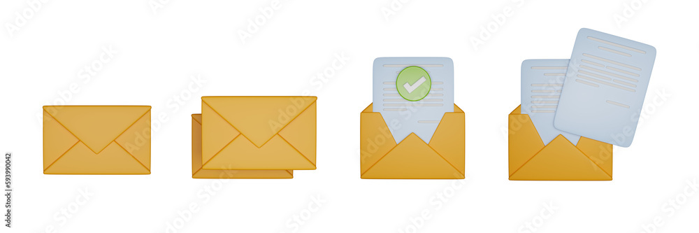 3D email icon set, mail open closed envelope digital document render ...